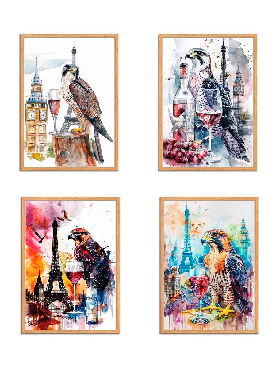 Птица сокол Пьет Вино, 4 Плаката, 30x21см
