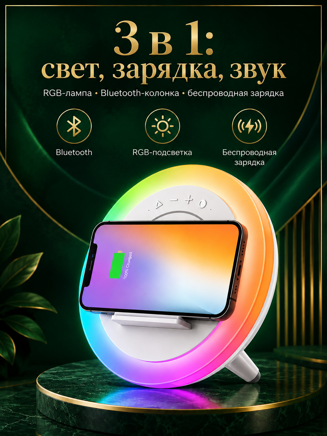 Умный светильник RGB Ночник с беспроводной зарядкой и Bluetooth колонкой, Белый