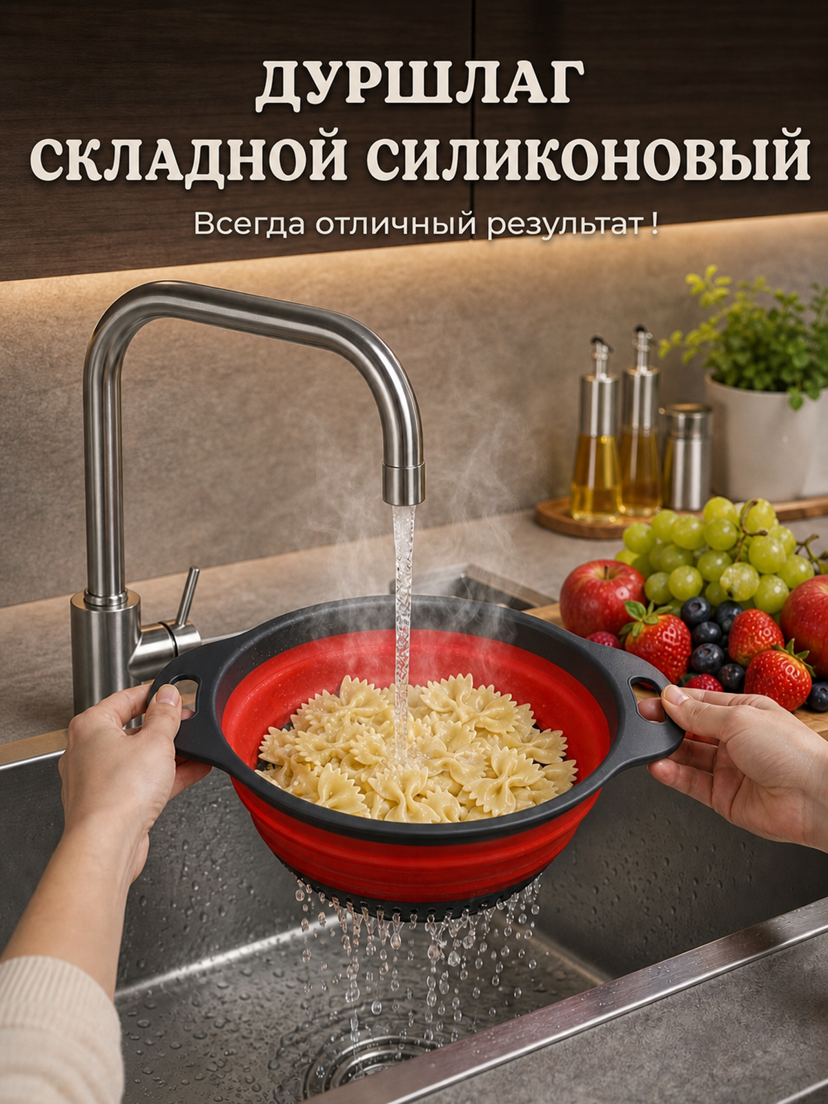 Дуршлаг складной, силиконовый для промывки круп, макарон, риса, овощей, фруктов, ягод, зелени, красный