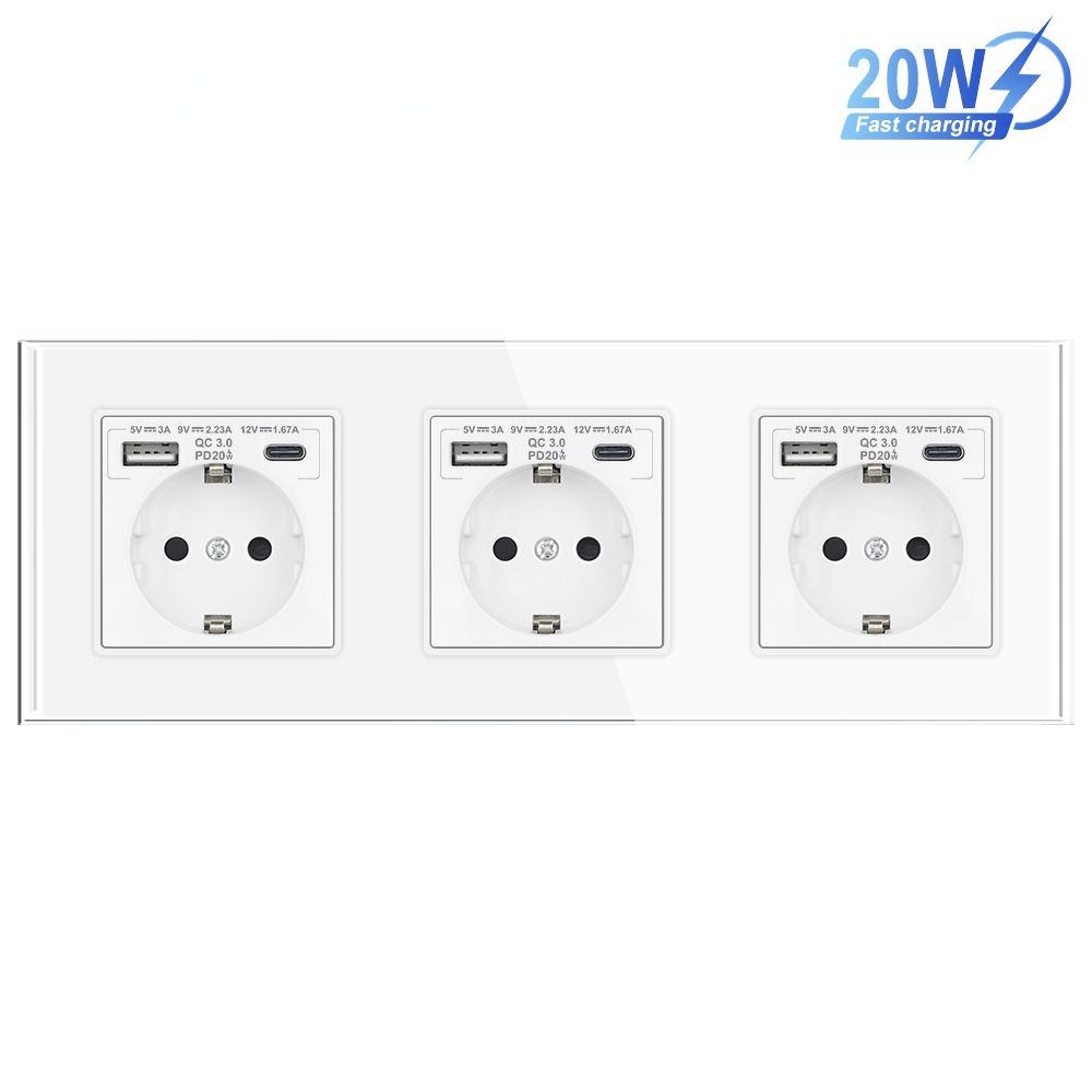 Тройная розетка с USB и Type C, быстрая зарядка 20W, стеклянная рамка