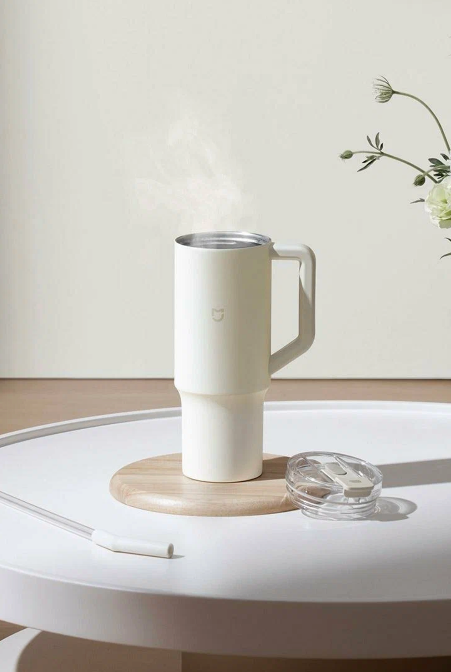 Термокружка Xiaomi Mijia Straw Cup 1 л с трубочкой, сталь 316L, тепло и холод 6 ч, кремовый