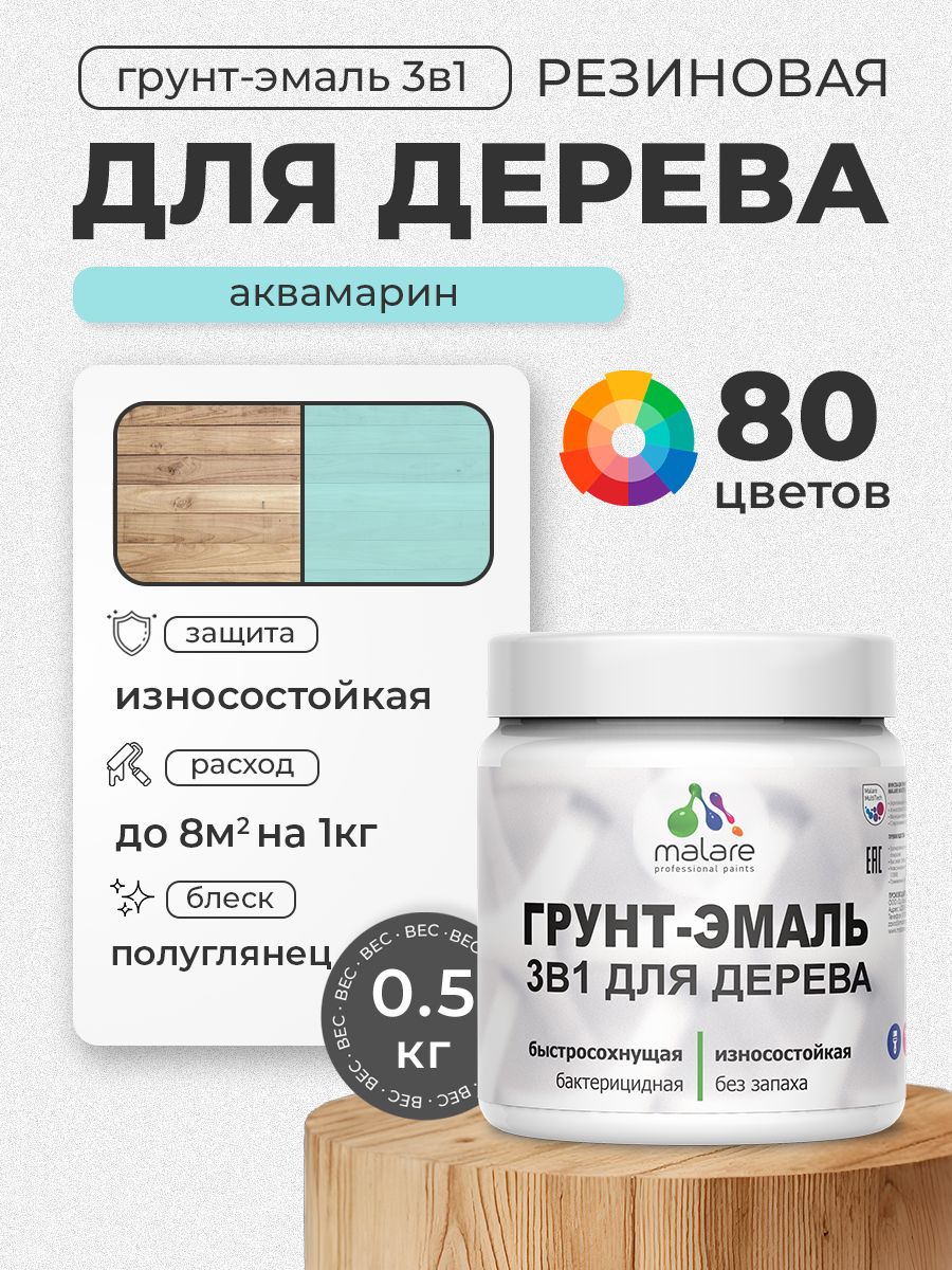 Резиновая Грунт-Эмаль 3 в 1 Malare для деревянных поверхностей/ краска по дереву с антисептическим эффектом/ быстросохнущая моющаяся без запаха полуглянцевая, аквамарин, 0.5 кг