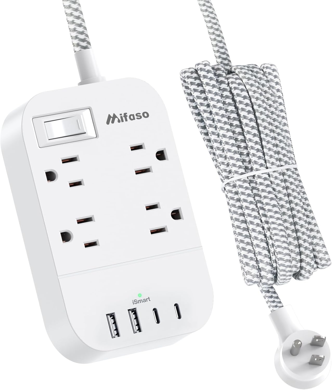 Удлинитель с плоской вилкой - 10 футов, плетеный кабель, 4 розетки и 4 USB-порта для зарядки, защита от перегрузки и настенное крепление дома и офиса.