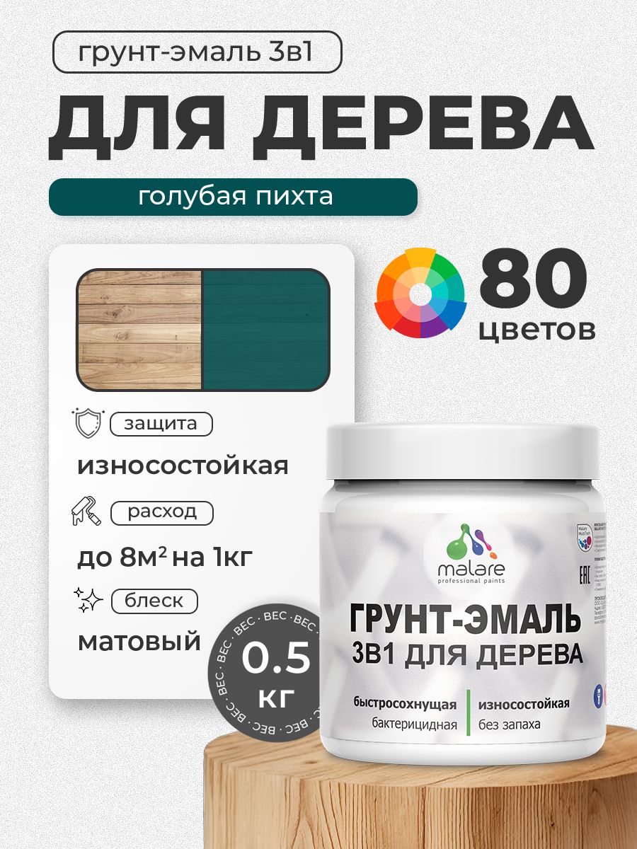 Акриловая Грунт-Эмаль 3 в 1 Malare для деревянных поверхностей/ краска по дереву с антисептическим эффектом/ быстросохнущая моющаяся без запаха матовая, голубая пихта, 0.5 кг