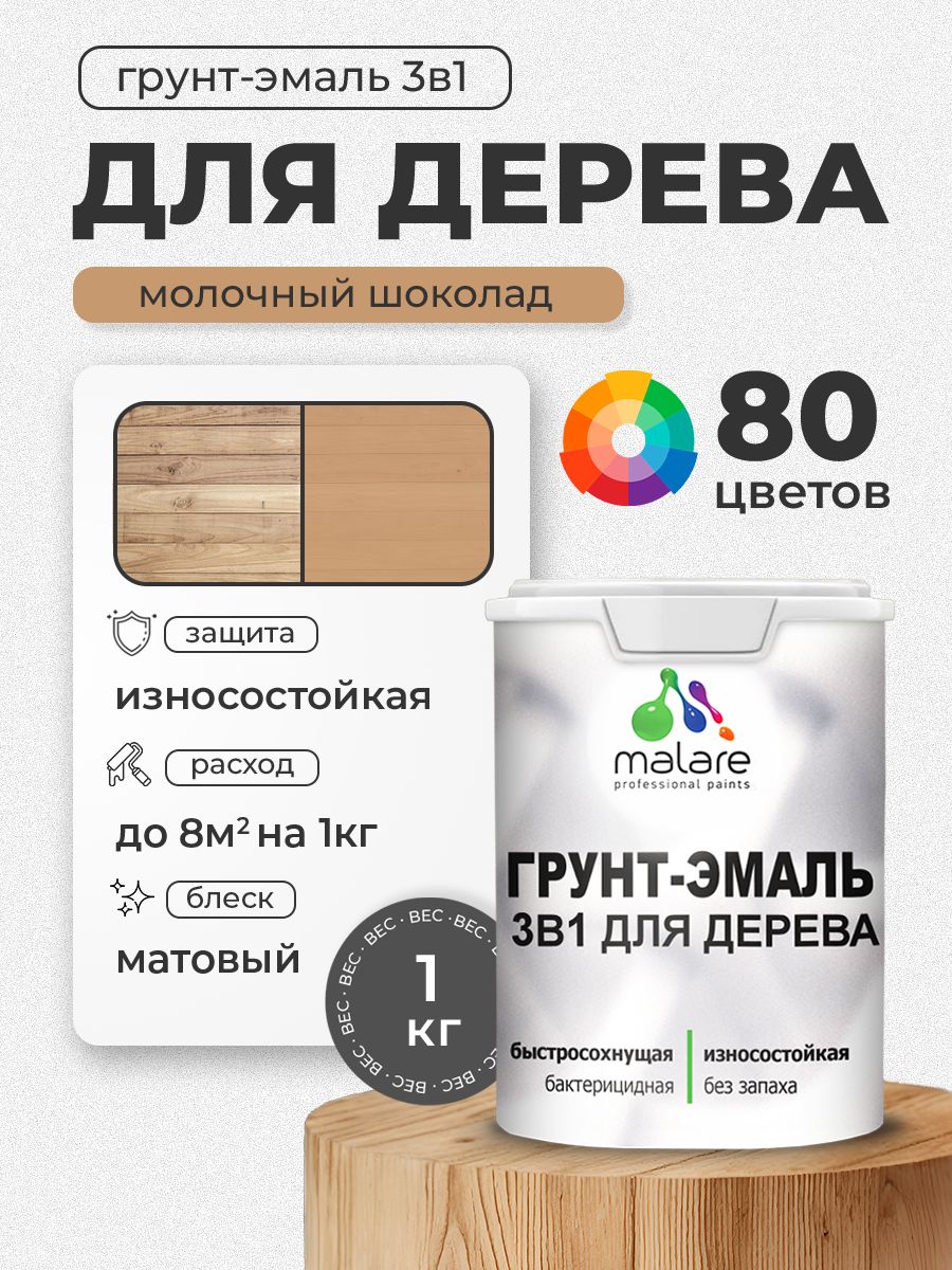 Акриловая Грунт-Эмаль 3 в 1 Malare для деревянных поверхностей/ краска по дереву с антисептическим эффектом/ быстросохнущая моющаяся без запаха матовая, молочный шоколад, 1 кг