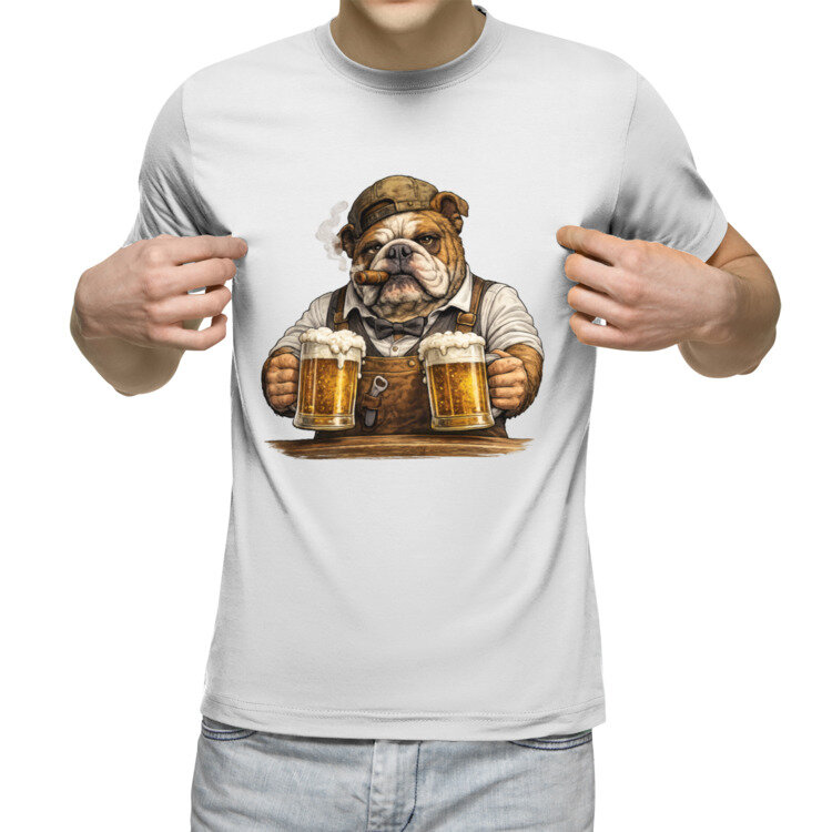 Мужская футболка «Брутальный бульдог бармен с кружками пива» (белый, 3XL)