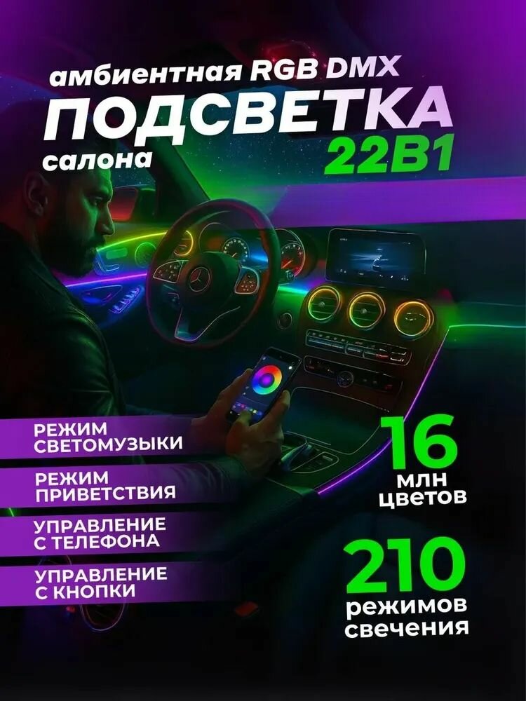 Контурная подсветка салона авто RGB DMX 22в1 — черные ленты, управление смартфоном и кнопкой, синхрон с музыкой