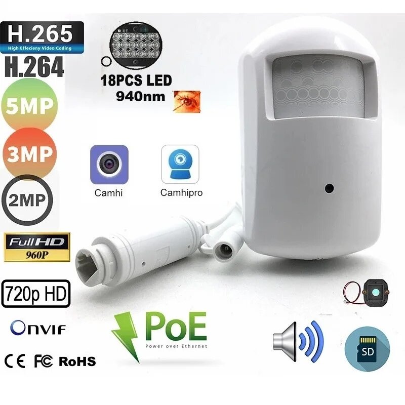 Мини-камера IP POE 2MP 5MP в стиле детектора движения PIR для видеонаблюдения с двухсторонним аудио, инфракрасной ночной съемкой 940 нм, поддержкой Onvif и скрытым видеонаблюдением-
