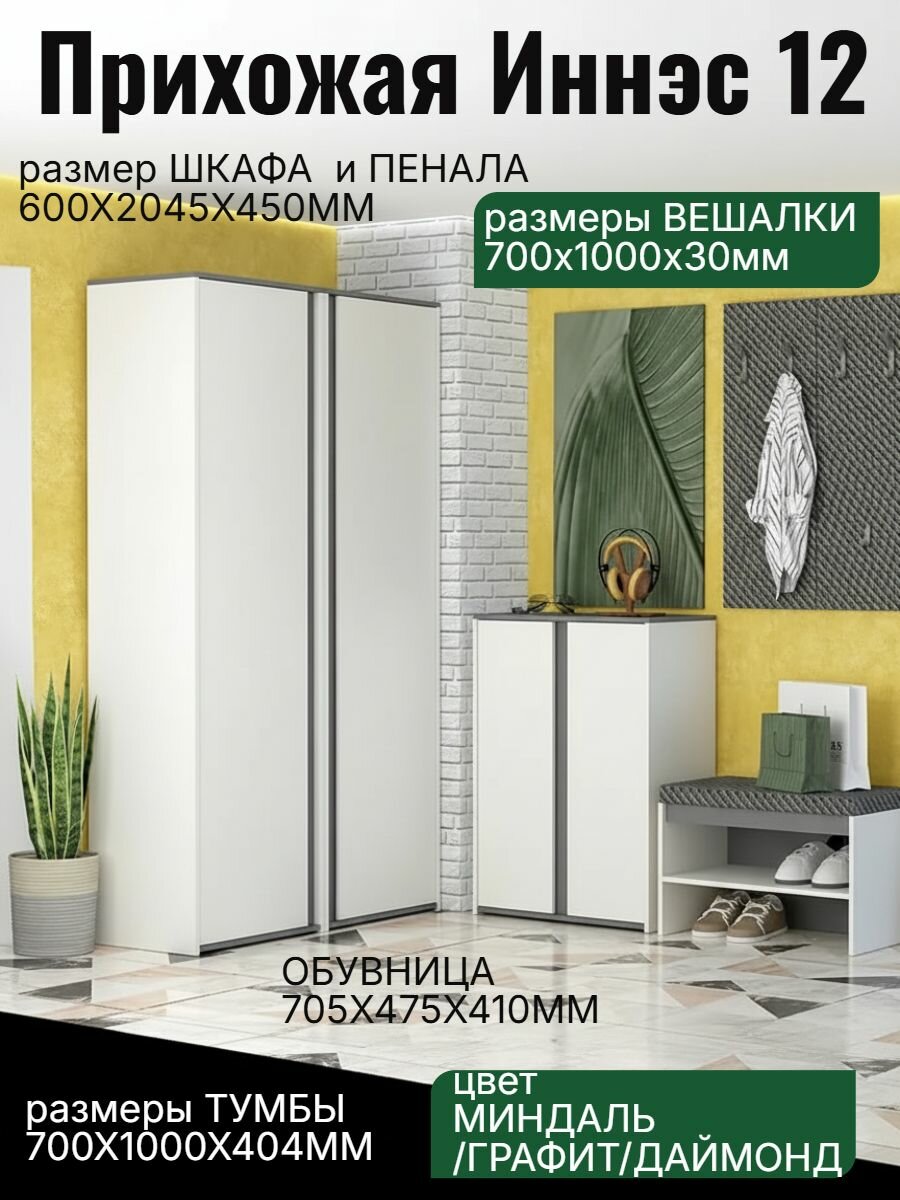 Прихожая Иннэс 12 набор 2, ширина 260 см, прихожая комплект, шкаф пенал, обувница