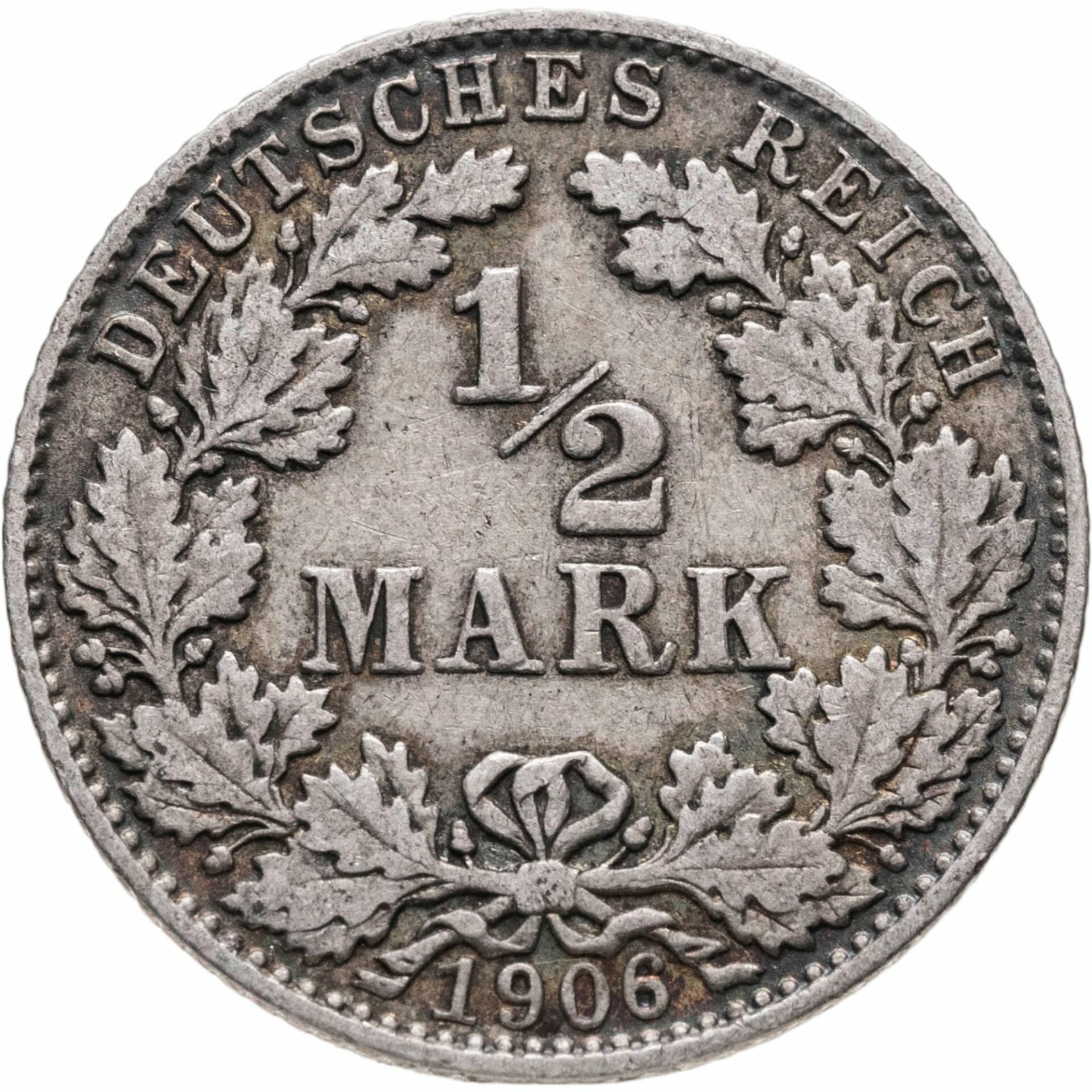 Германия 1/2 марки 1906, знак монетного двора: "D" - Мюнхен, Серебро 900, в сохранности VF