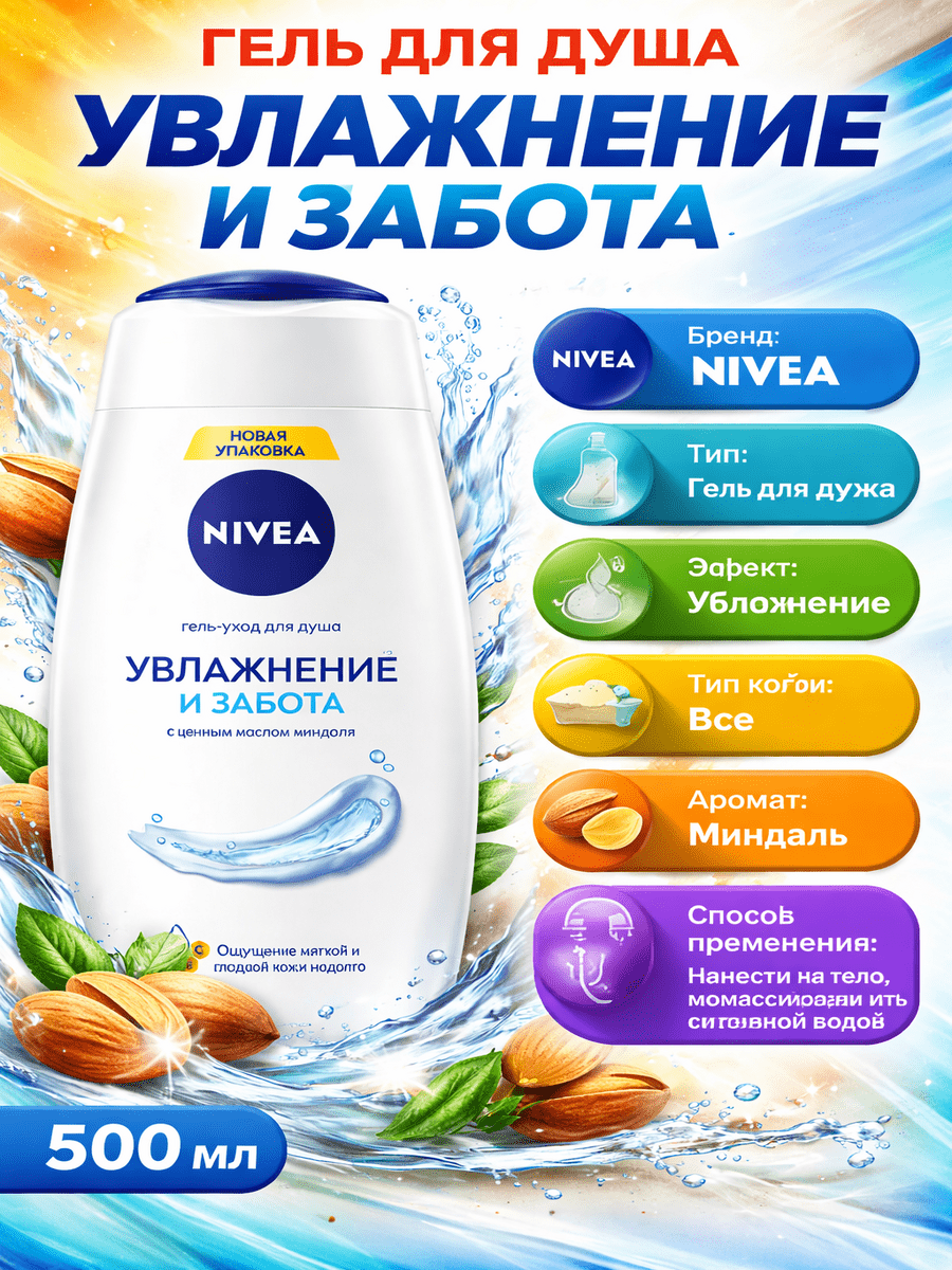 Гель-уход Nivea для душа увлажнение и забота, 500мл