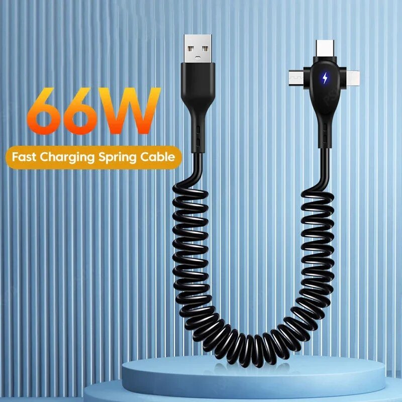3 в 1, 66 Вт, 6 А, кабель для быстрой зарядки USB типа C, пружинное автомобильное зарядное устройство Micro USB для iPhone, Xiaomi, Samsung, шнур зарядного устройства для телефона