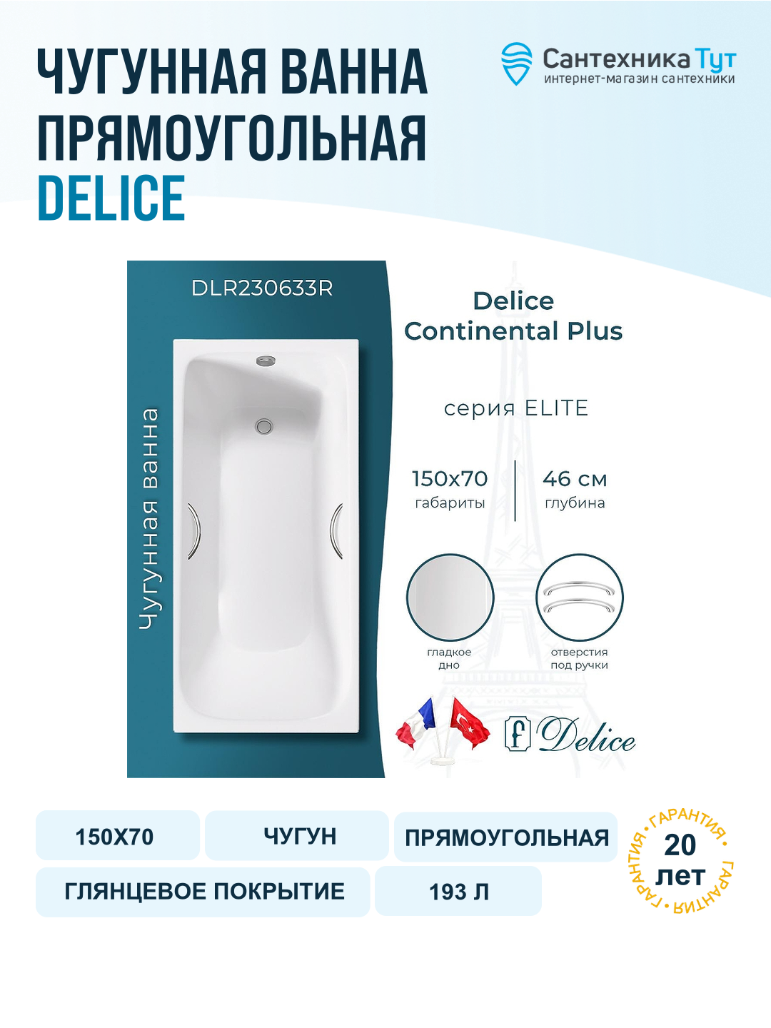 Чугунная ванна Delice Continental Plus 150x70 DLR230633R с отверстиями под ручки без антискользящего покрытия белый