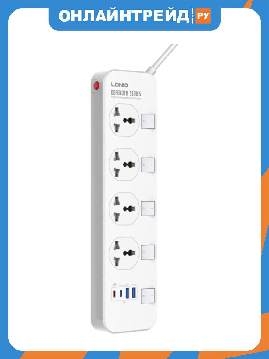 Сетевой фильтр Ldnio SC4408C 2м, 4 розетки EU_UK_US, 2500W, 4 USB: QC 3.0+PD 3.0 20W, White