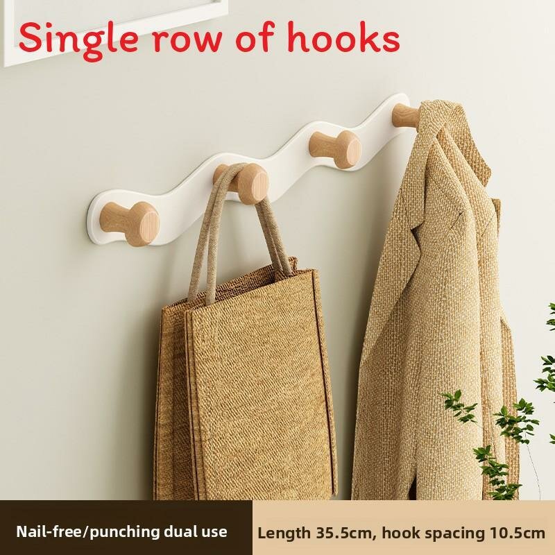 Wooden wall hook rack with steel reinforcement for entryway bag and coat holder 4 hook, white