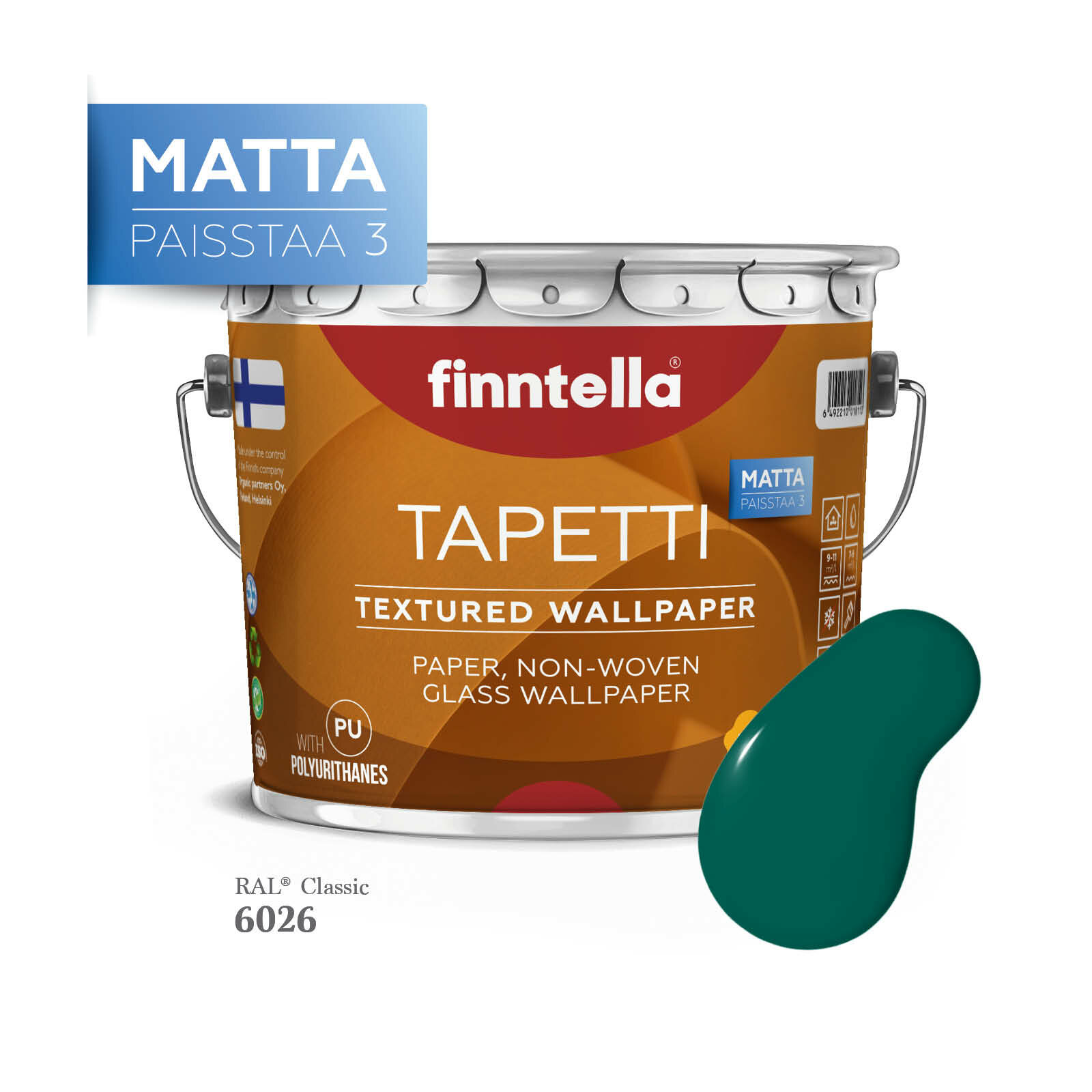 Матовая краска для обоев под окраску TAPETTI Matta FINNTELLA, Цвет RAL 6026 Опаловый зеленый (Opal green), 2,7л