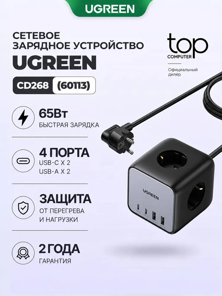 Сетевое зарядное устройство UGREEN CD268 (60113) 65 Вт GaN USB-Ax2 + USB-Cx2 без кабеля (серый) 2 года гарантия