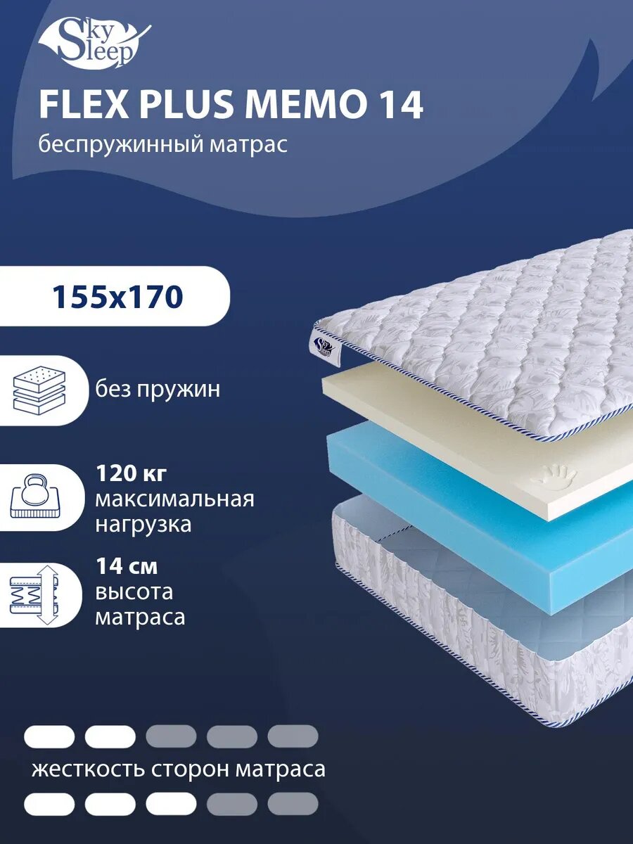 Матрас SkySleep мемори на кровать 155x170 см двуспальный беспружинный Memory Foam
