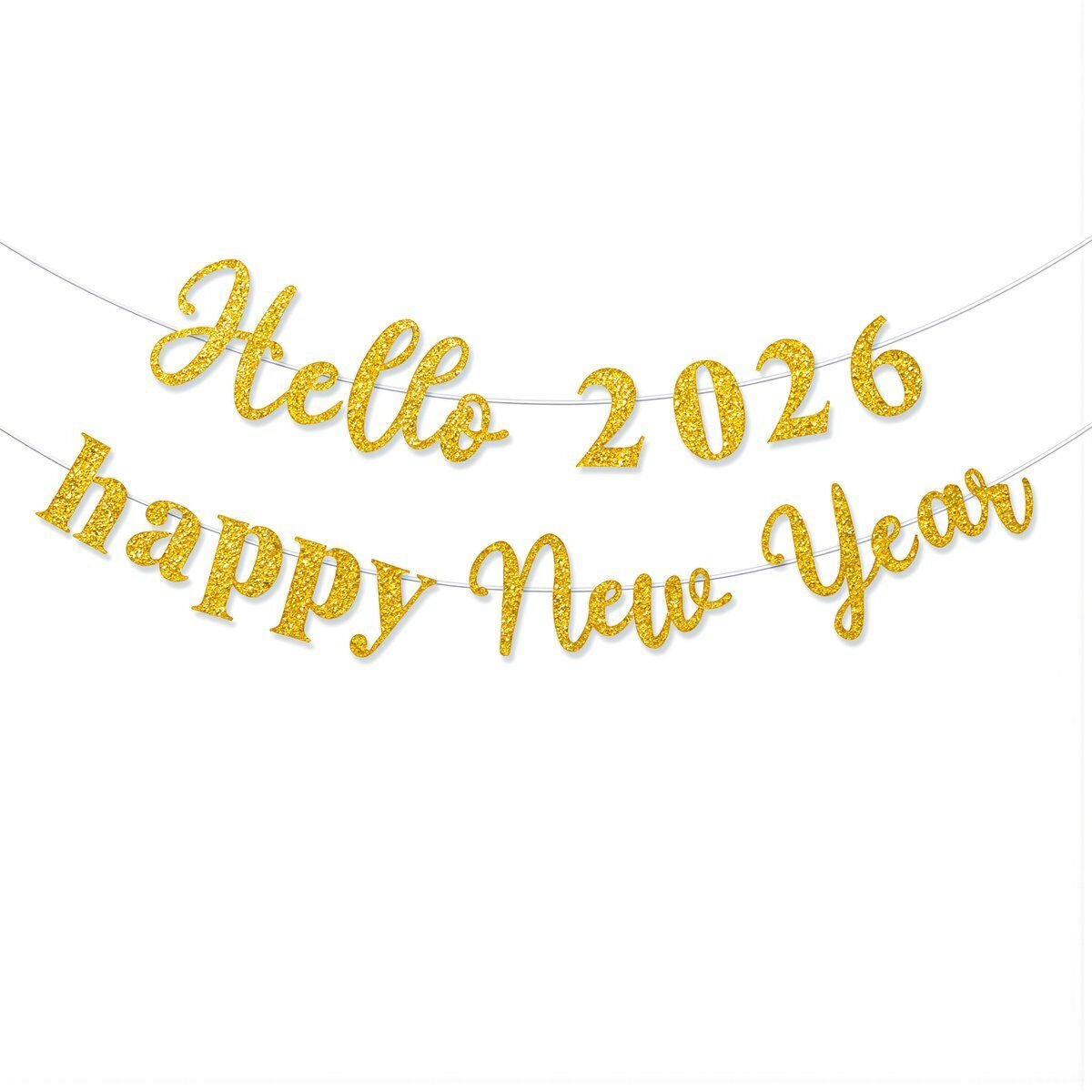 Праздничный декор для новогодней вечеринки гирлянда баннер Hello 2026 черно-золотая с блёстками для украшения стены, Гирлянда Hello 2026 Happy New Year, золотая с блёстками