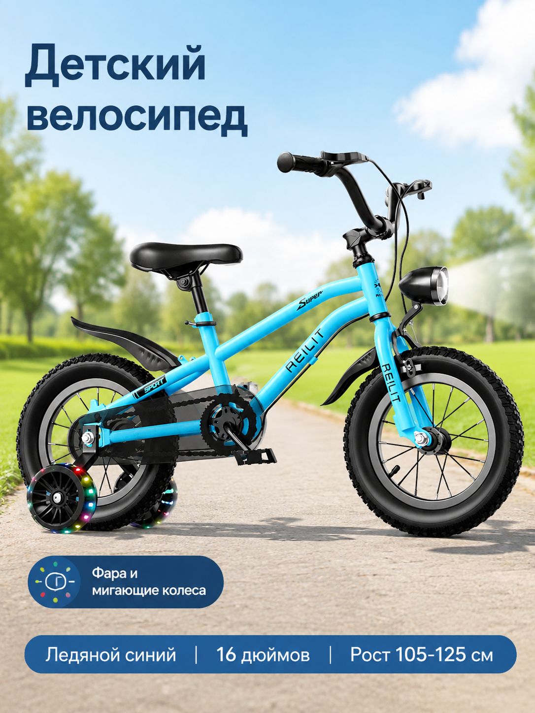 Детский велосипед с дисковыми тормозами и фарой, 16 дюймов, голубой, со светоотражающими колесами