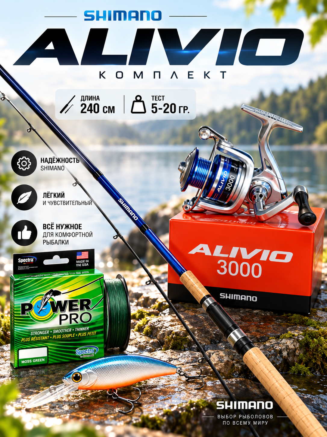 Комплект для рыбалки Shimano "Alivio", спиннинг, карбон, штекерное, 2.4м