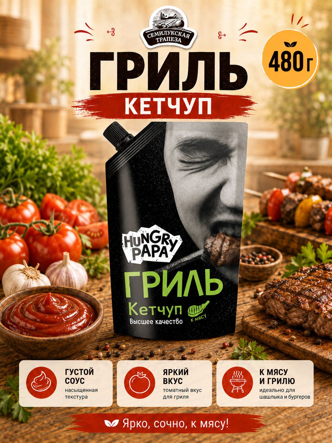 Семилукская трапеза Кетчуп Hungry Papa гриль, 480 г
