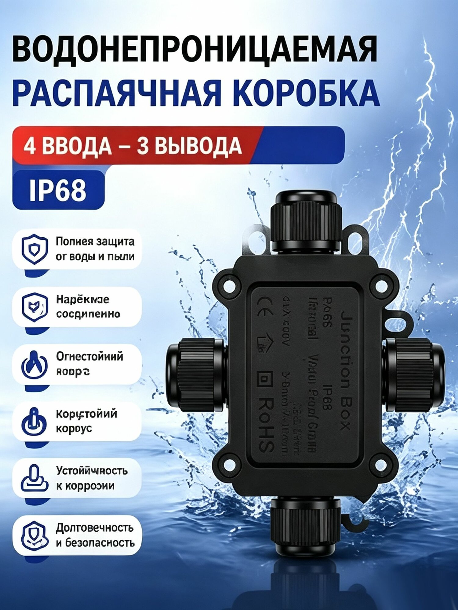 Водонепроницаемая распаячная коробка IP68, 4 ввода (1 вход 3 выхода), 3 клеммы, герметичный соединитель M16 для уличных проводов