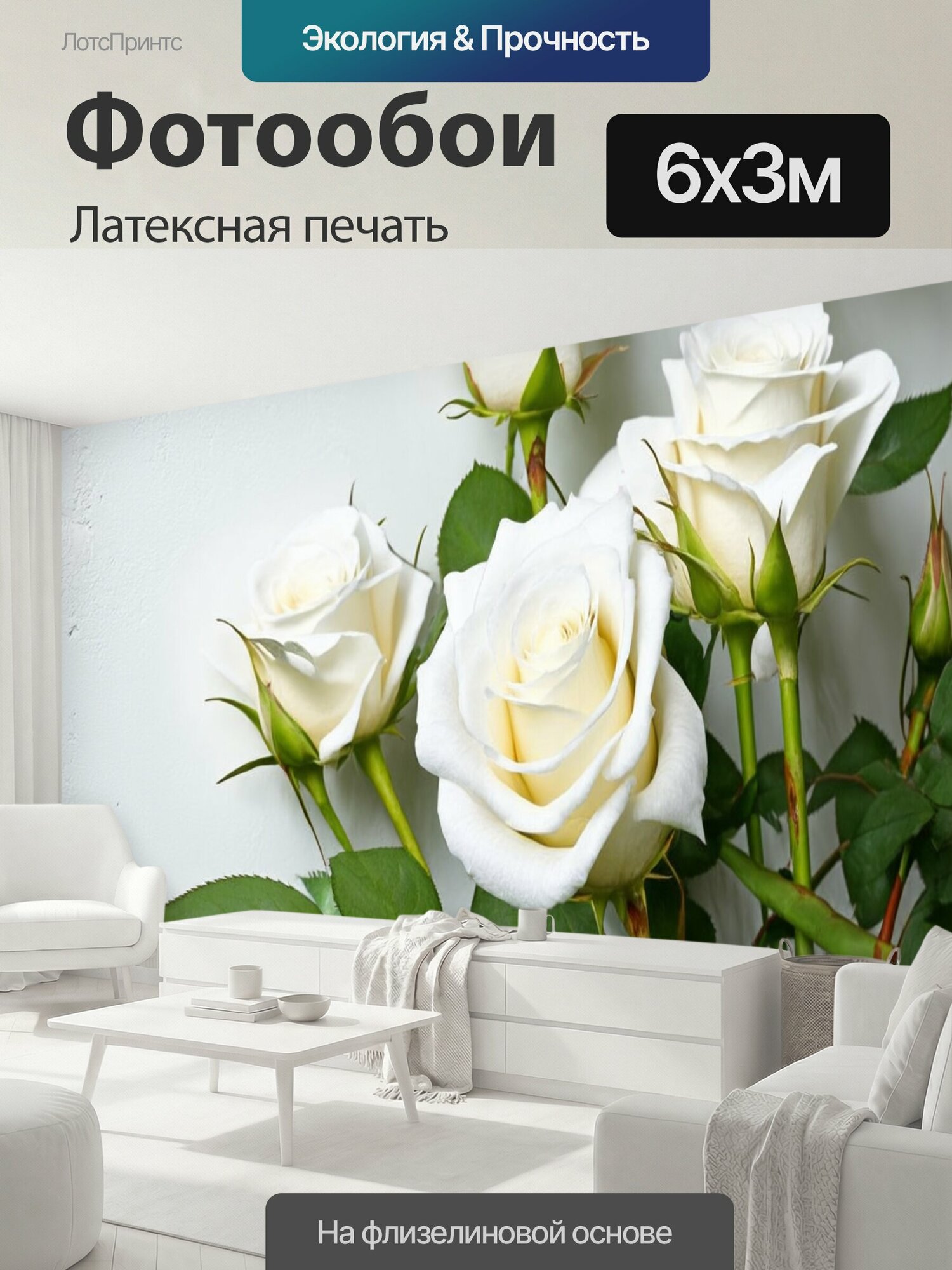 Фотообои моющиеся ударопрочные "Цветы в стиле гиперреализм, белые розы на фоне побеленной стены, текстура лепестков, атмосфера свежести" 600x300 см. латексная печать