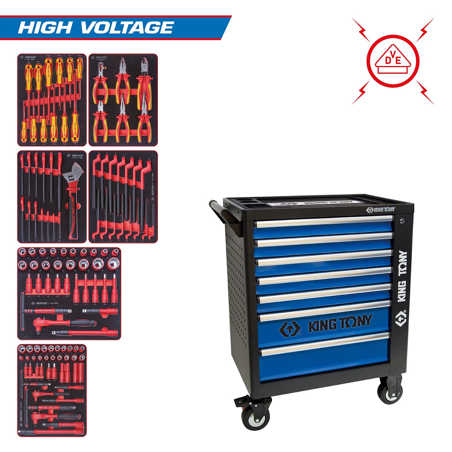 Набор инструментов ; HIGH VOLTAGE ; в чёрной тележке, 117 предметов KING TONY 9SQ31-117MRVE