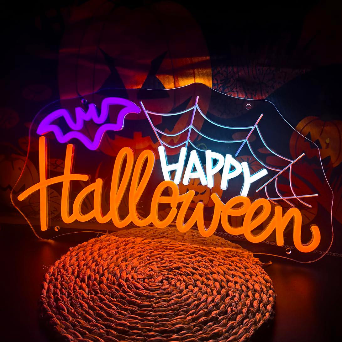 Неоновая вывеска Happy Halloween паутина летучая мышь светящийся знак декор Хэллоуин