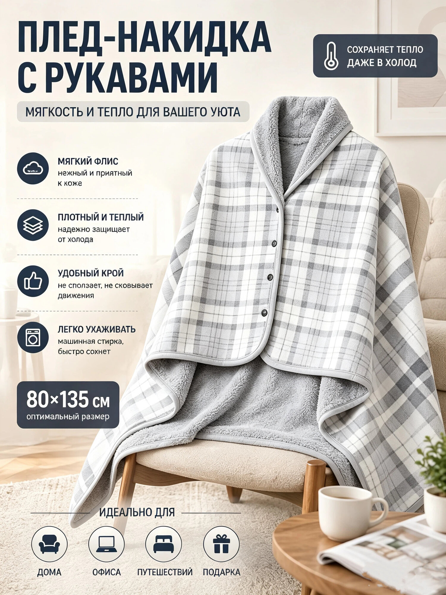 Плед-пончо , Искусственные материалы, 135 см х 80 см