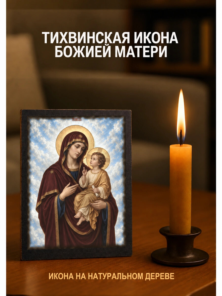 Икона «Тихвинская икона Божией Матери» на натуральном дереве, 10×12 см, храмовая живопись, потёртое золото
