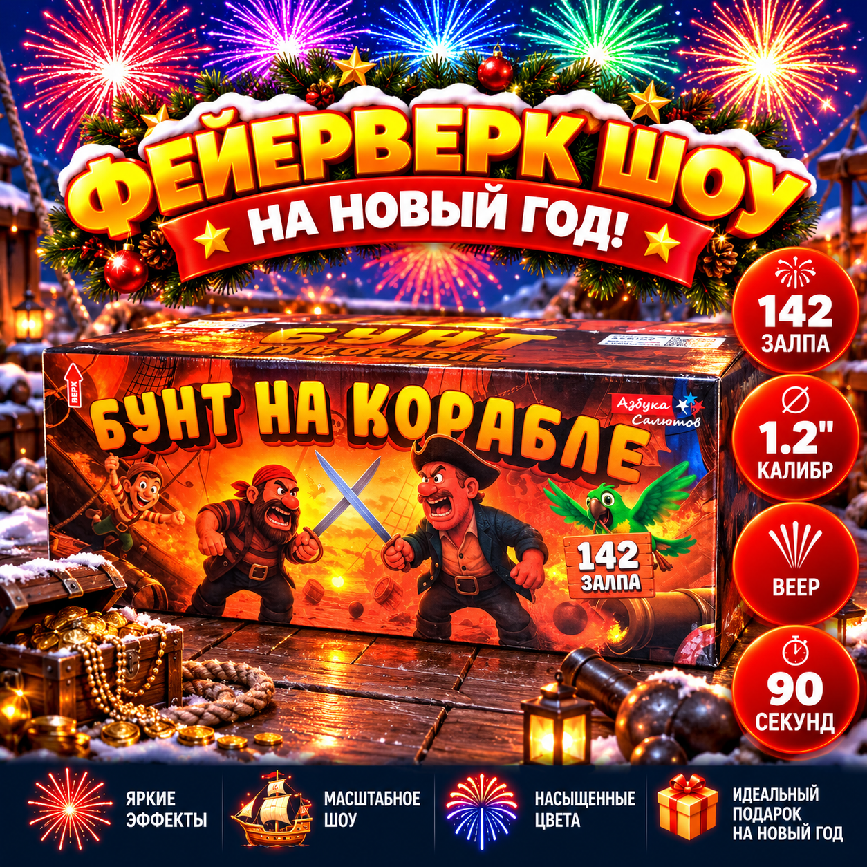Салют Бунт на корабле 142 залпа, калибр 1,2 (веер)