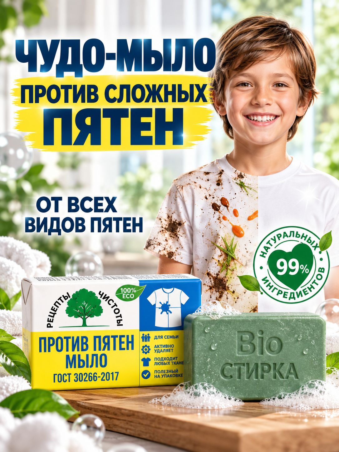 Мыло хозяйственное против сложных пятен, Рецепты чистоты 200 г, для стирки, для всех типов тканей, для детской одежды, от нмжк