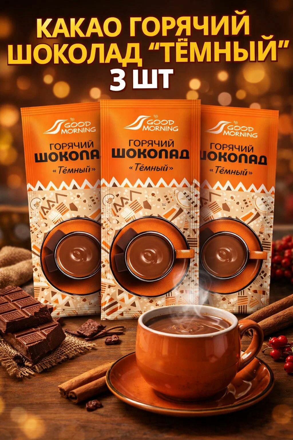 Какао Горячий шоколад Темный, 3 шт по 25г