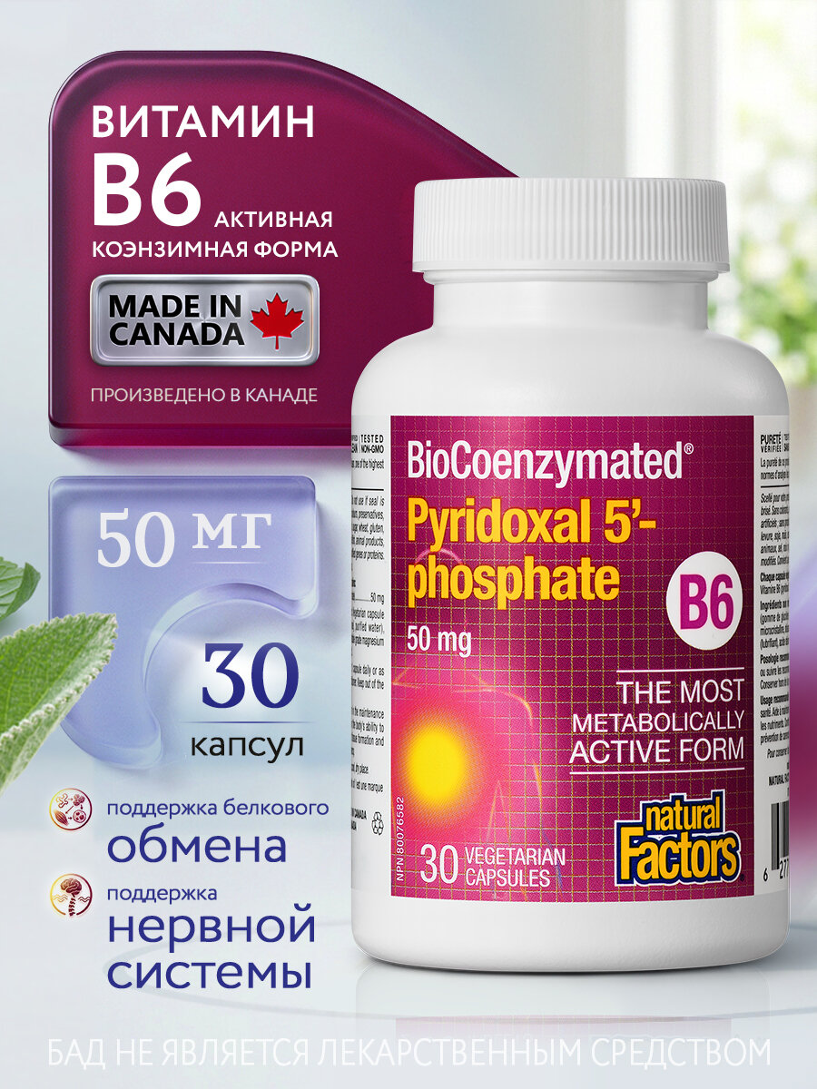 Natural Factors, BioCoenzymated, B6, пиридоксаль 5'-фосфат, 50 мг, 30 вегетарианских капсулNatural Factors, BioCoenzymated, B6, пиридоксаль 5'-фосфат, 50 мг, 30 вегетарианских капсул