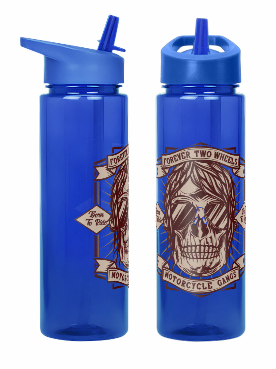 Бутылка синяя для воды с принтом Череп байкер в очках. Скелет, мотоцикл