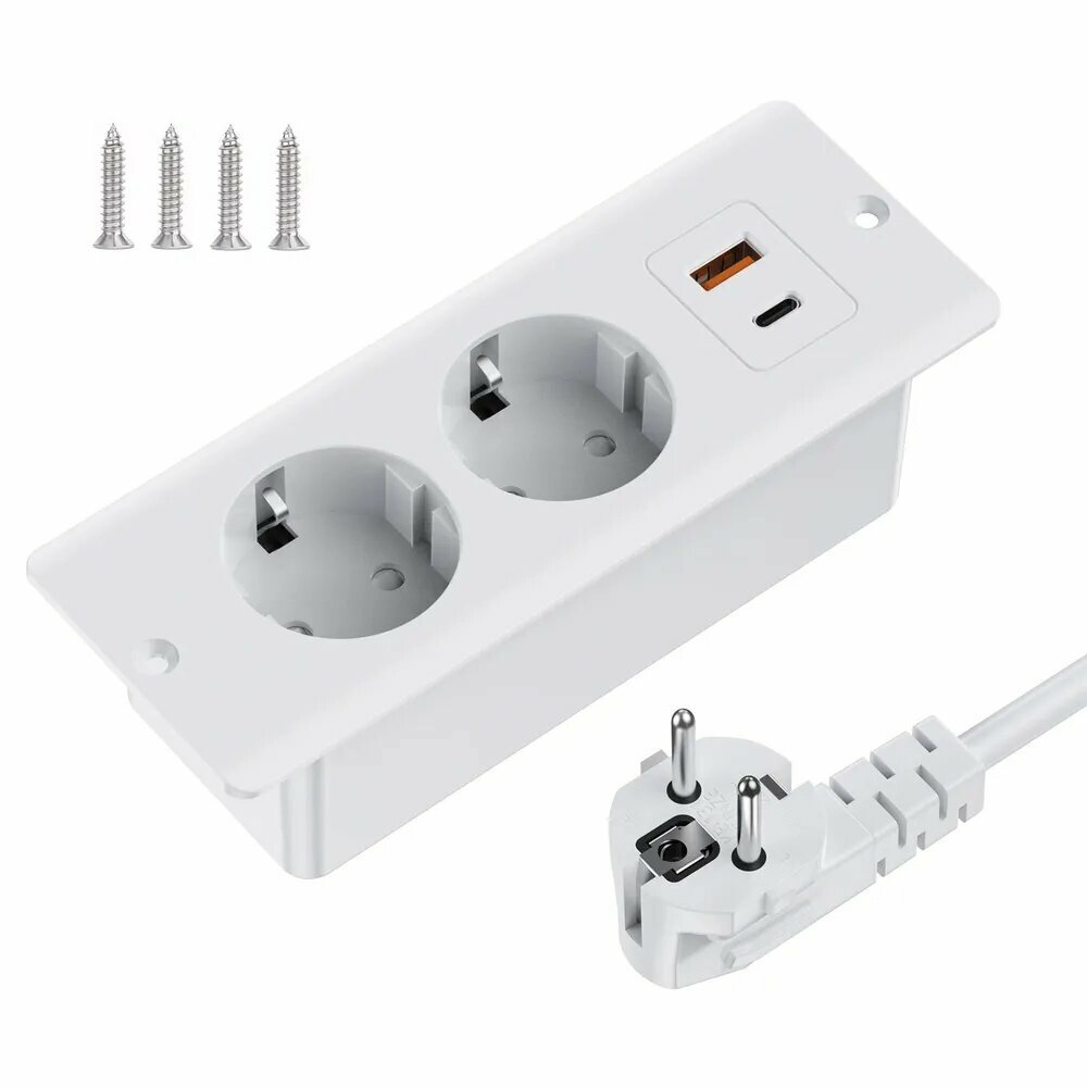 HITRENDS Встраиваемый удлинитель с 2 розетками и 1 USB + 1 Type-C (быстрая зарядка), встроенный монтаж, защита от перегрузки, 4000W 16A 240V, огнестойкий, кабель 2 м