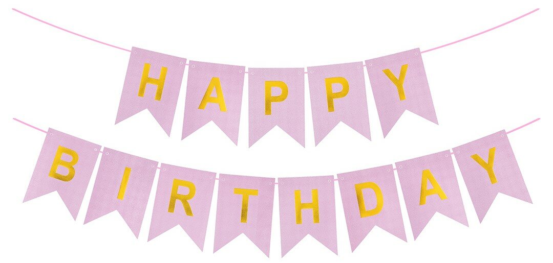 Гирлянда-растяжка Флажки, Happy Birthday (фактура точки), Розовый, Золото, металлик, 500 см, 16*12 см, 1 шт