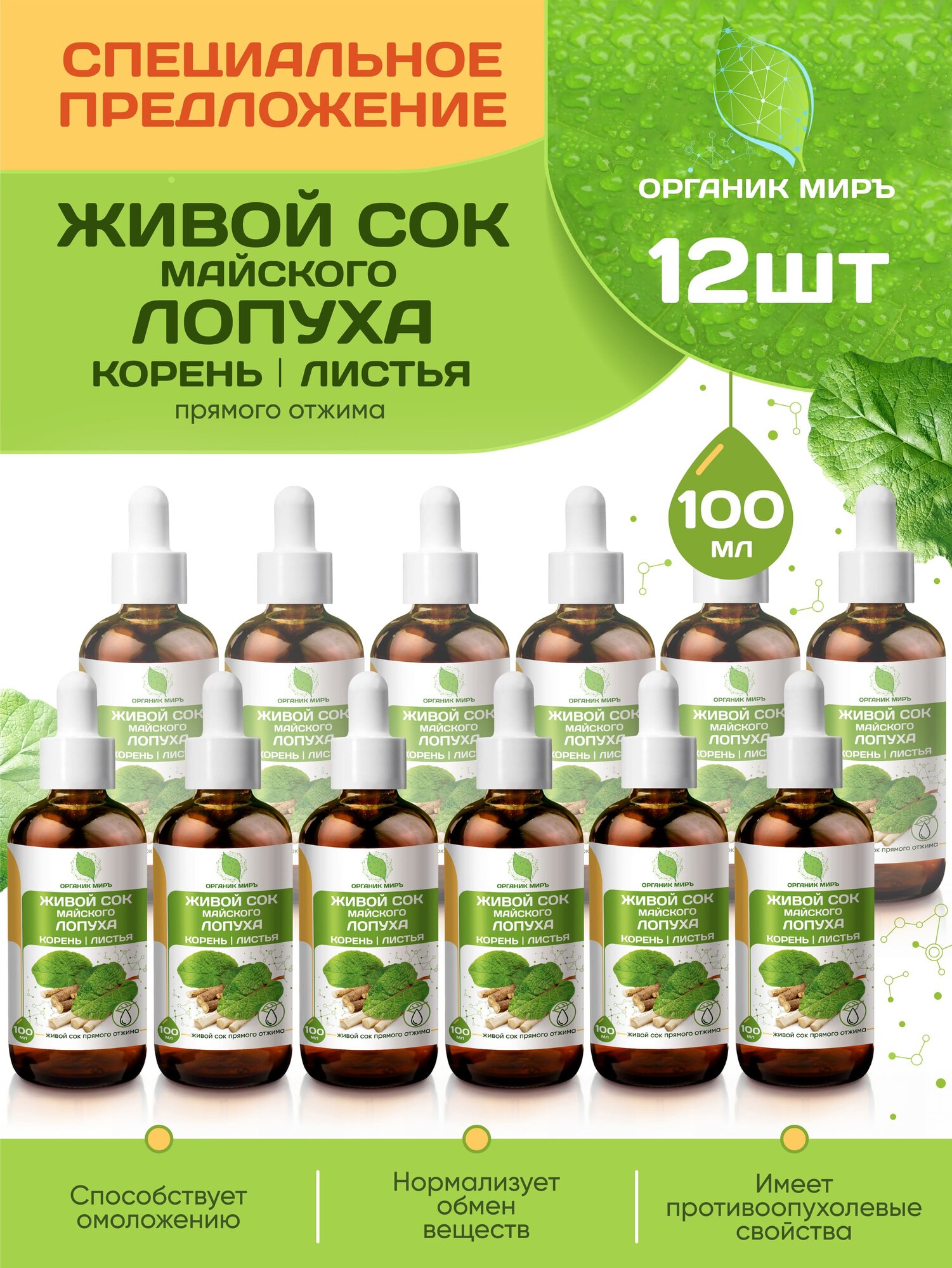 Живой сок лопуха майского / корень 60%, листья 30% / прямого отжима + плазмолизирование + ферментирование + ритмизирование, 100 мл Горный Алтай 7МИРЪ / органикмиръ - 12шт
