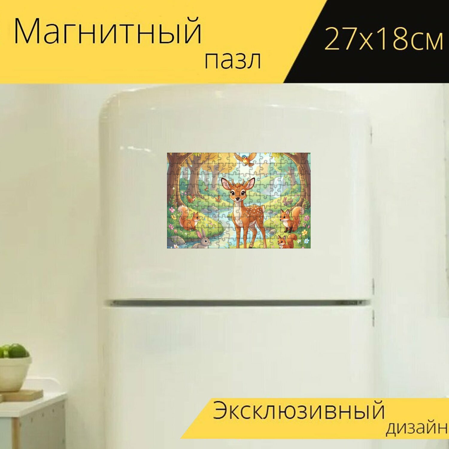 Магнитный пазл "Лесные зверята у ручья. Милый сказочный лес с оленёнком, кроликом, лисами, белками и птицей у прозрачной воды; зелёные холмы, цветы." на холодильник 27 x 18 см.