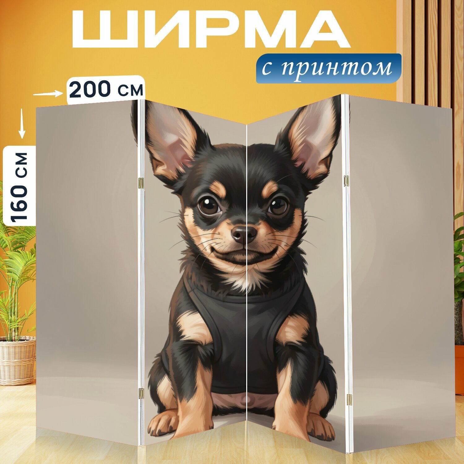 Ширма "Очаровательный щенок чихуахуа. Милый маленький песик с крупными ушами и выразительными глазами, в." перегородка для зонирования комнаты с принтом 200x160 см. на холсте