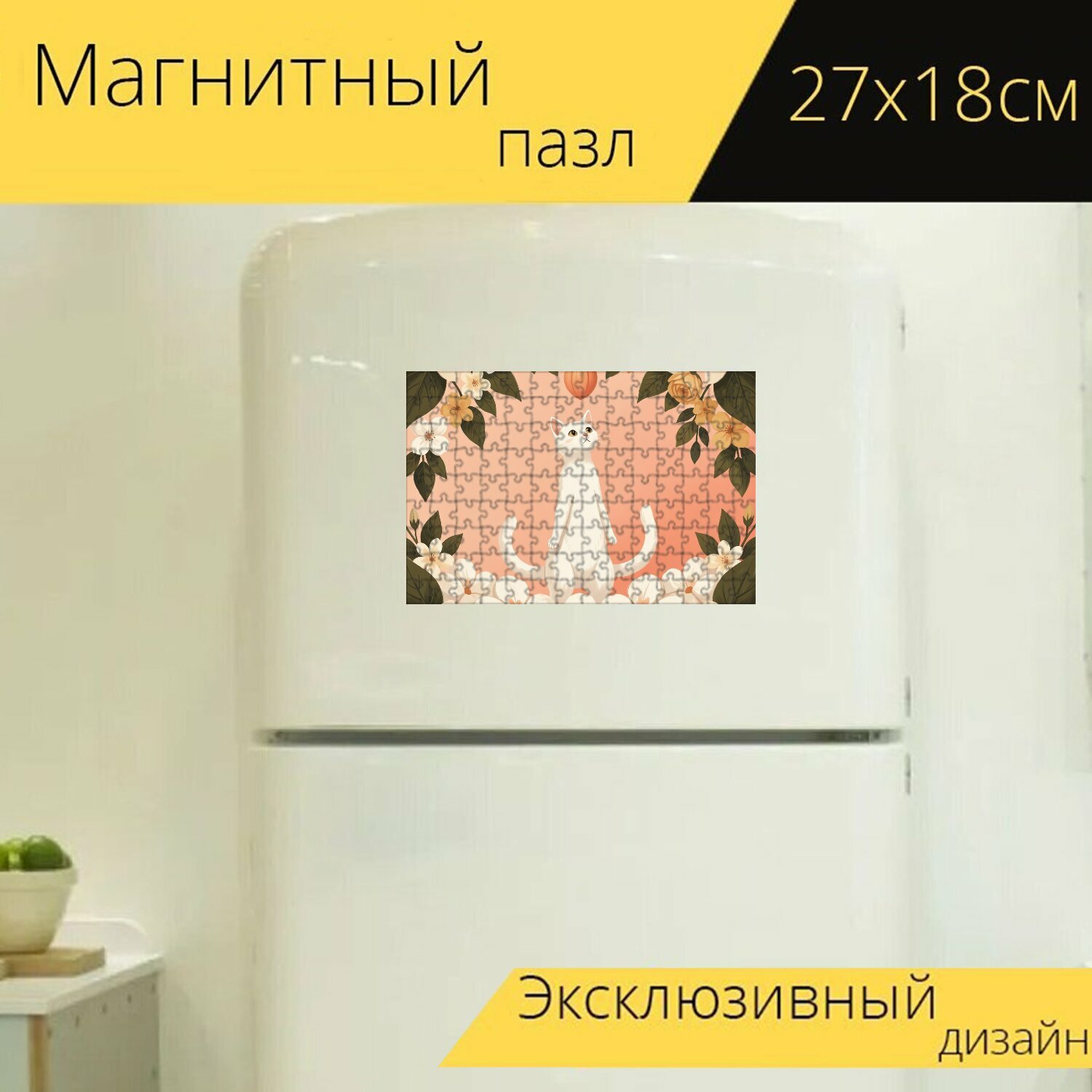 Магнитный пазл "Белый кот среди цветов. Милый белоснежный питомец стоит в окружении нежных бутонов и листвы, пастельная иллюстрация в теплых персиковых." на холодильник 27 x 18 см.
