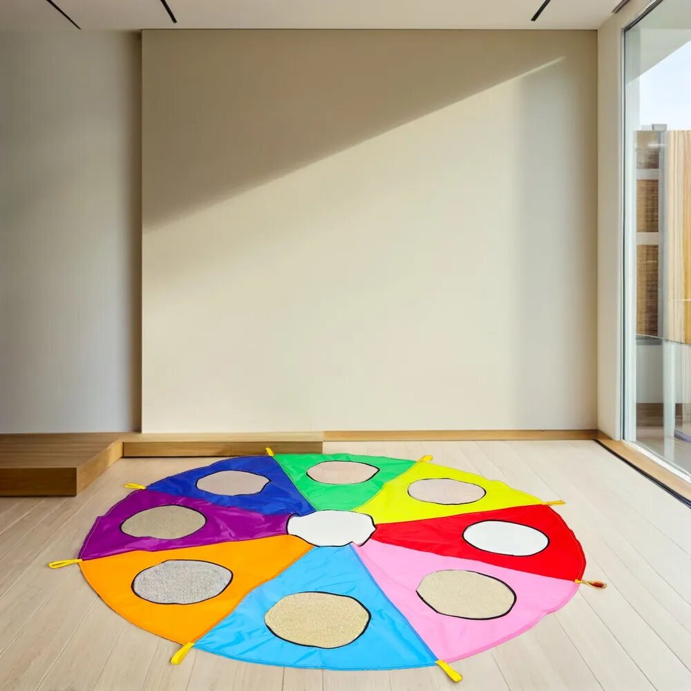 Цветной тканевый радужный парашют с 9 отверстиями для игр на улице в детском саду