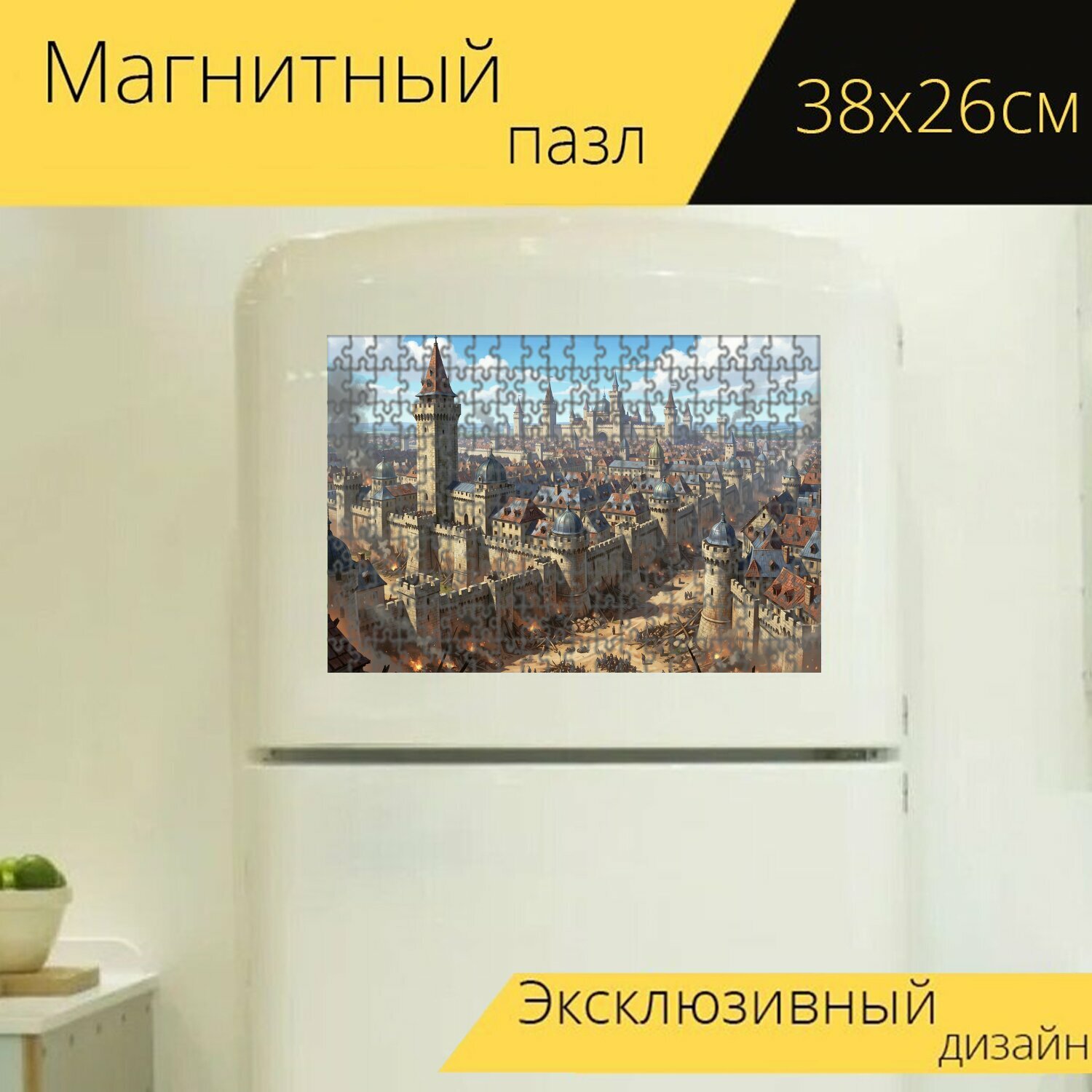 Магнитный пазл "Средневековая осада каменного города. Эпическая фэнтези-сцена с крепостными стенами, башнями, замком и войском среди дыма и огня. Голубое." для интерьера, 38х26 см.