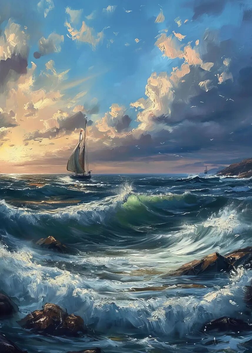 Морской пейзаж с парусником, 40x60 см, без рамы