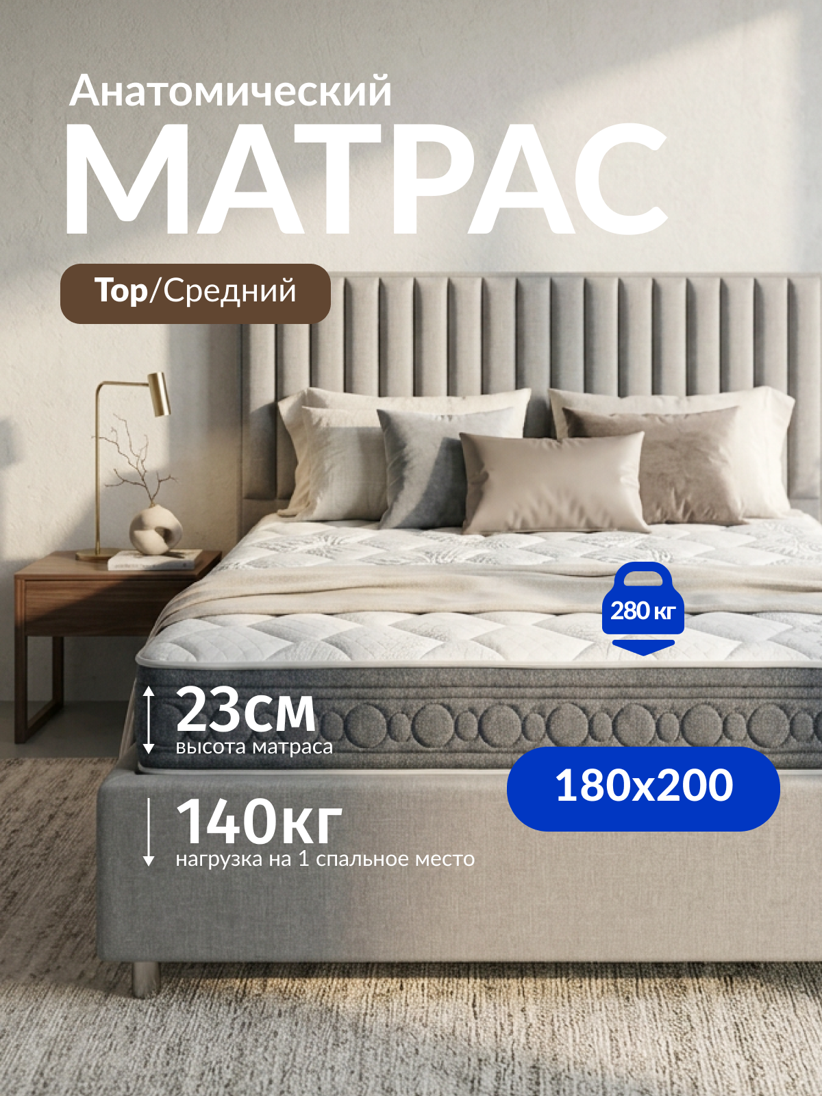 Матрас Strong Original Top 180x200 см, независимый пружинный блок, двуспальный, средняя жесткость, анатомический