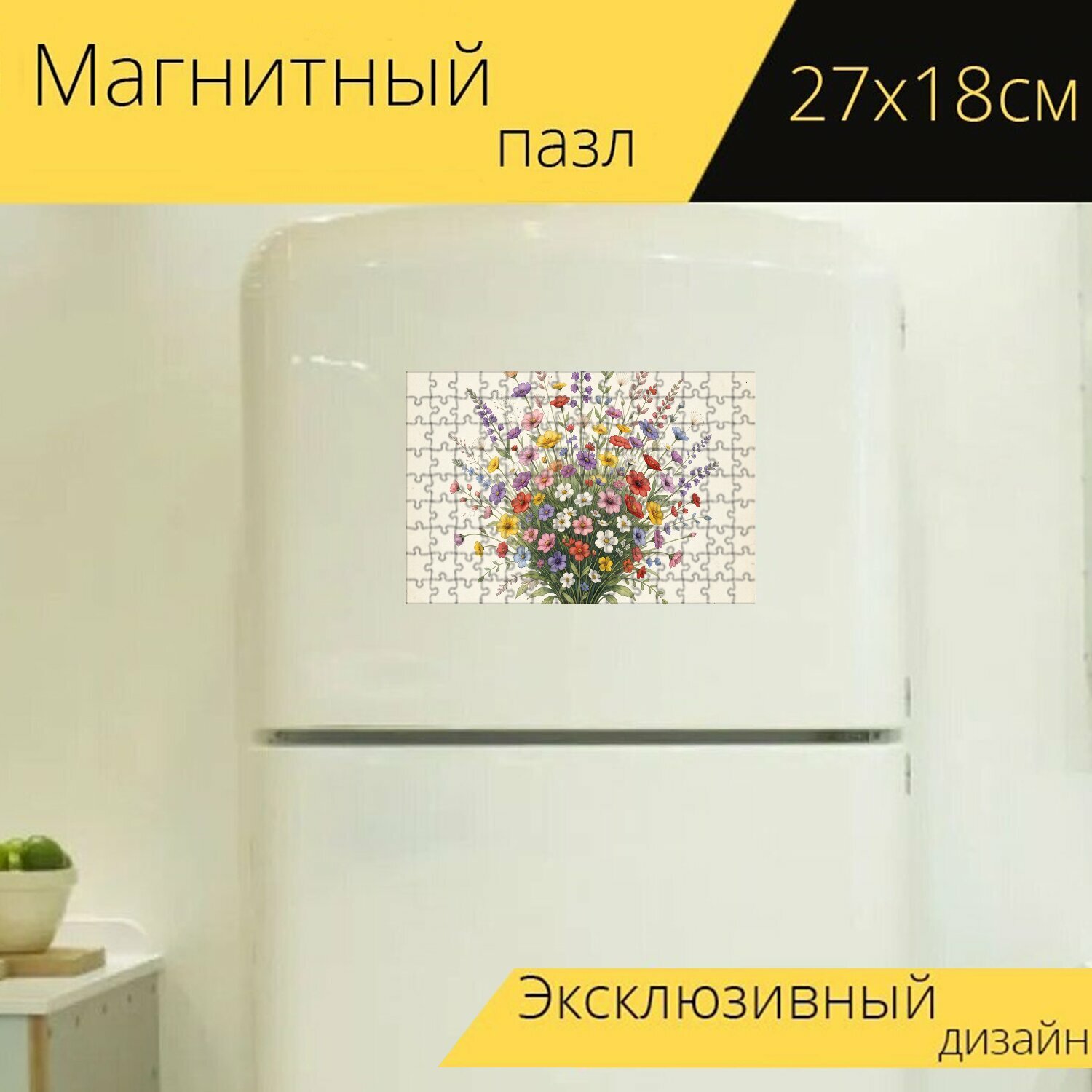 Магнитный пазл "Букет полевых цветов акварелью. Нежная ботаническая иллюстрация с разноцветными луговыми растениями, собранными в пышную композицию." на холодильник 27 x 18 см.