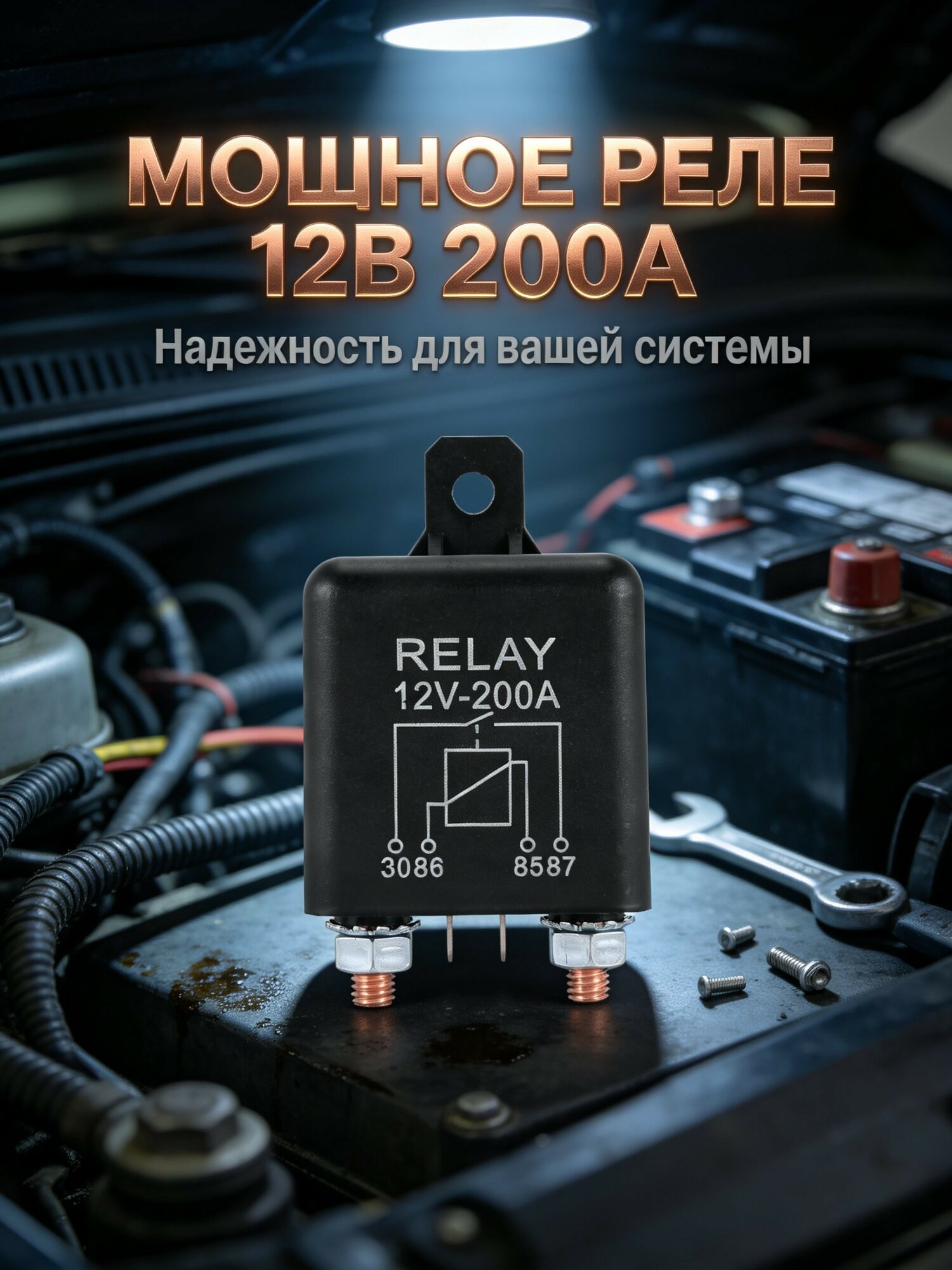 12 В 200 А нормально разомкнутое 4-контактное реле, с фиксированным кронштейном и M6 шпильками для коммутации силовых цепей