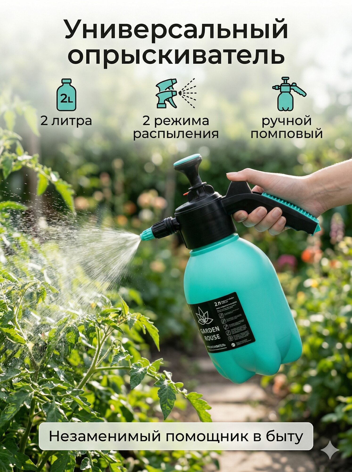 Опрыскиватель ручной помповый универсальный 2 литра с клапаном для сброса воздуха, 2 режима распыления Garden Rose